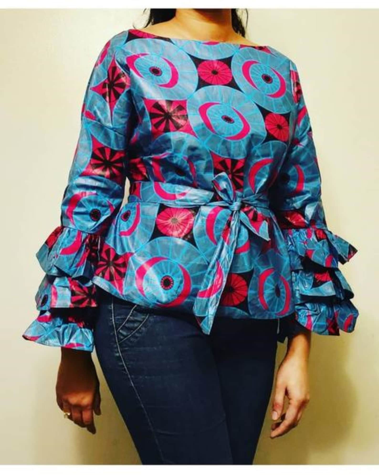 Long Ruffle Sleeve Blouse Gray / Red - Etsy