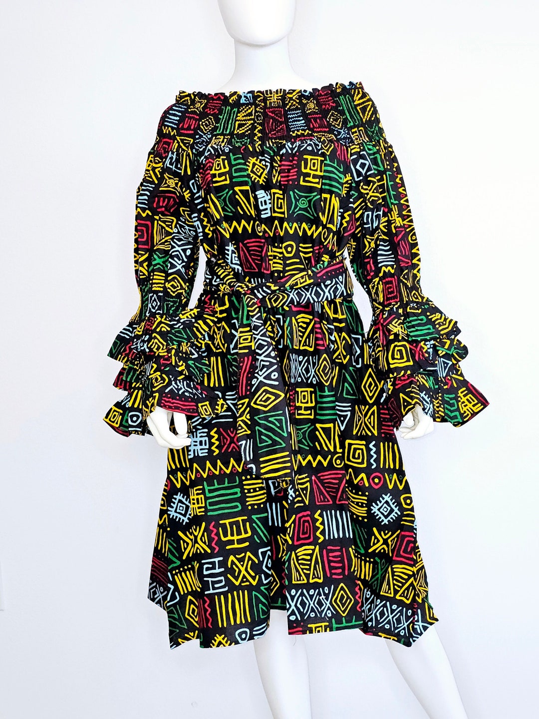 African Ankara Kitenge Print Middi off Shoulder Dress Long Sleeve ...