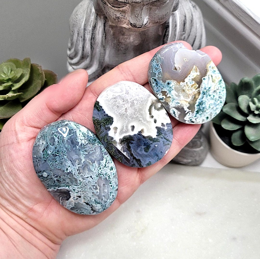 Moss Agate Palm Stone With Quartz, Mossy Agate Worry Stone, Natural ...