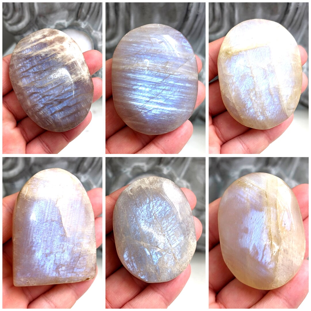 Blue Moonstone Palm Stones, Blue Flash Moonstone, Crystal Pocket Stones, Anxiety and Stress Help ...