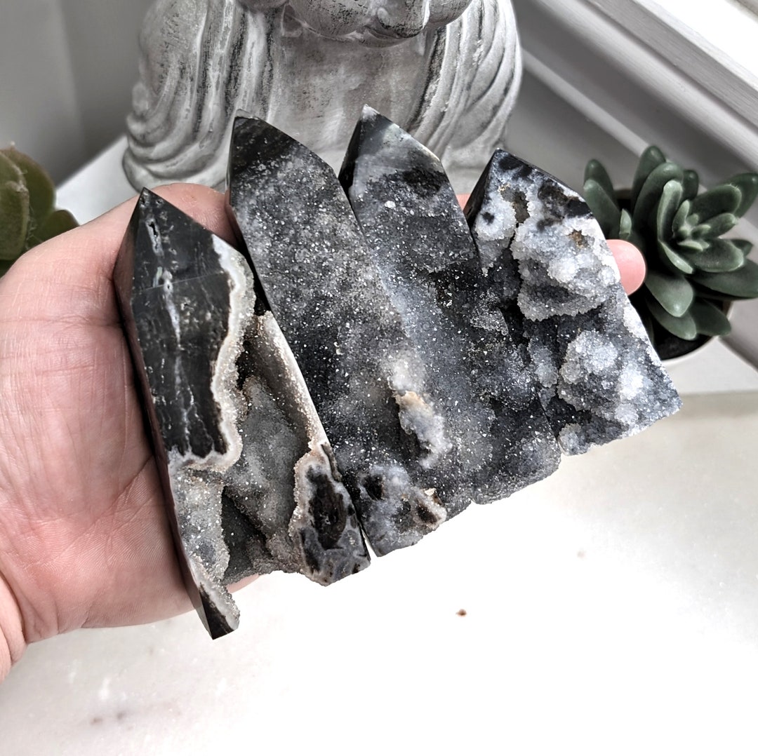 Black Sphalerite Towers, Druzy Black Chalcedony, Sparkly Black Crystal ...