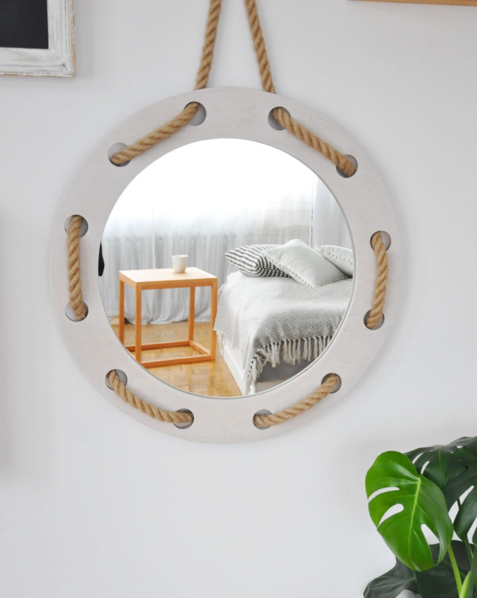 Boho Round Mirror With Jute Rope, Whitened Birch Wood Frame (76cm) - Etsy