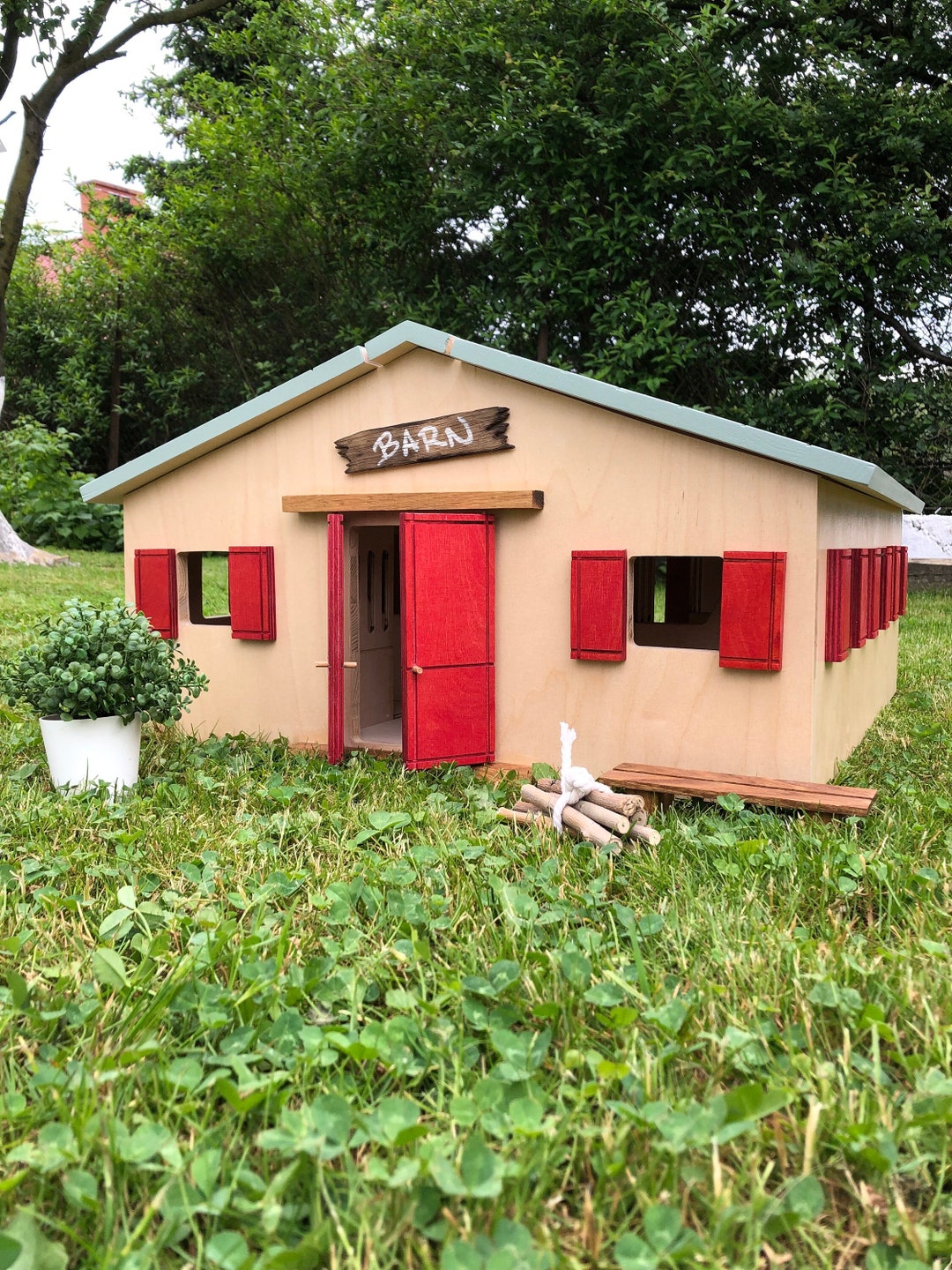 A Large Nice Wooden Toy Stable for Horses With Red Shutters and a Green ...