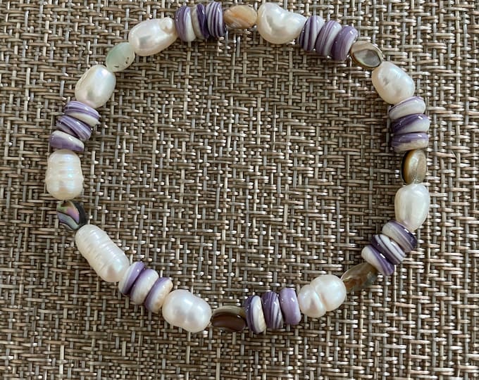 Wampum Quahog, Freshwater Pearl and Abalone Stretch Bracelet - Etsy