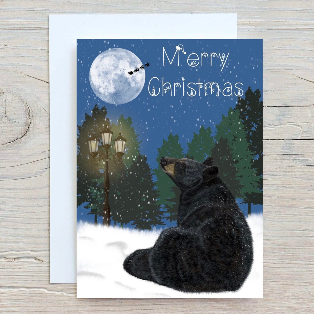 Merry Christmas Black Bear Card - Send Directly to Your Recipient! - Etsy