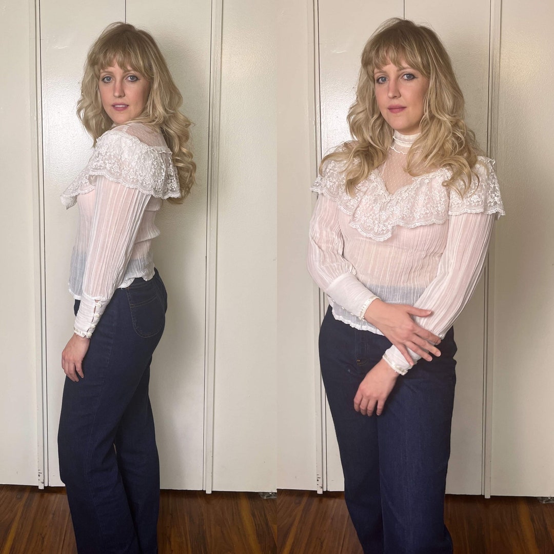 Vintage 1970's "Gunne Sax by Jessica McClintock" Weiße Baumwoll-Gaze ...