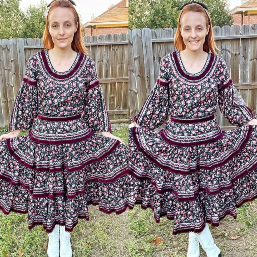Vintage 70s Square Dance Patio Set Top Skirt Rose Print W/ Ric Rac ...