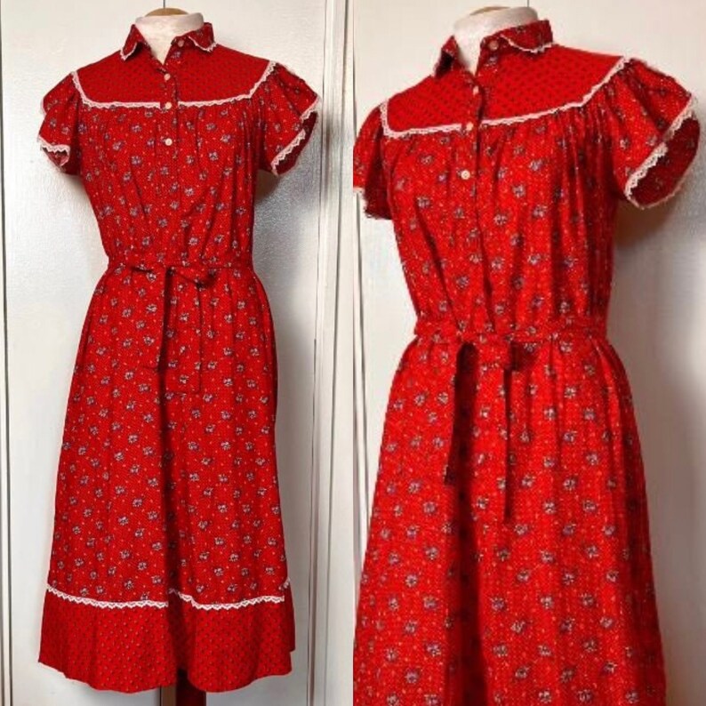 Vintage 1970's eber of San Francisco Red Calico Floral Flutter Sleeve ...