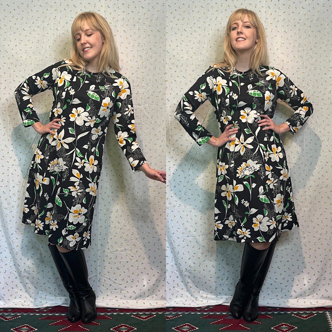 1970s Vintage Flutterbye Floral Poly Long Sleeve Midi Black - Etsy