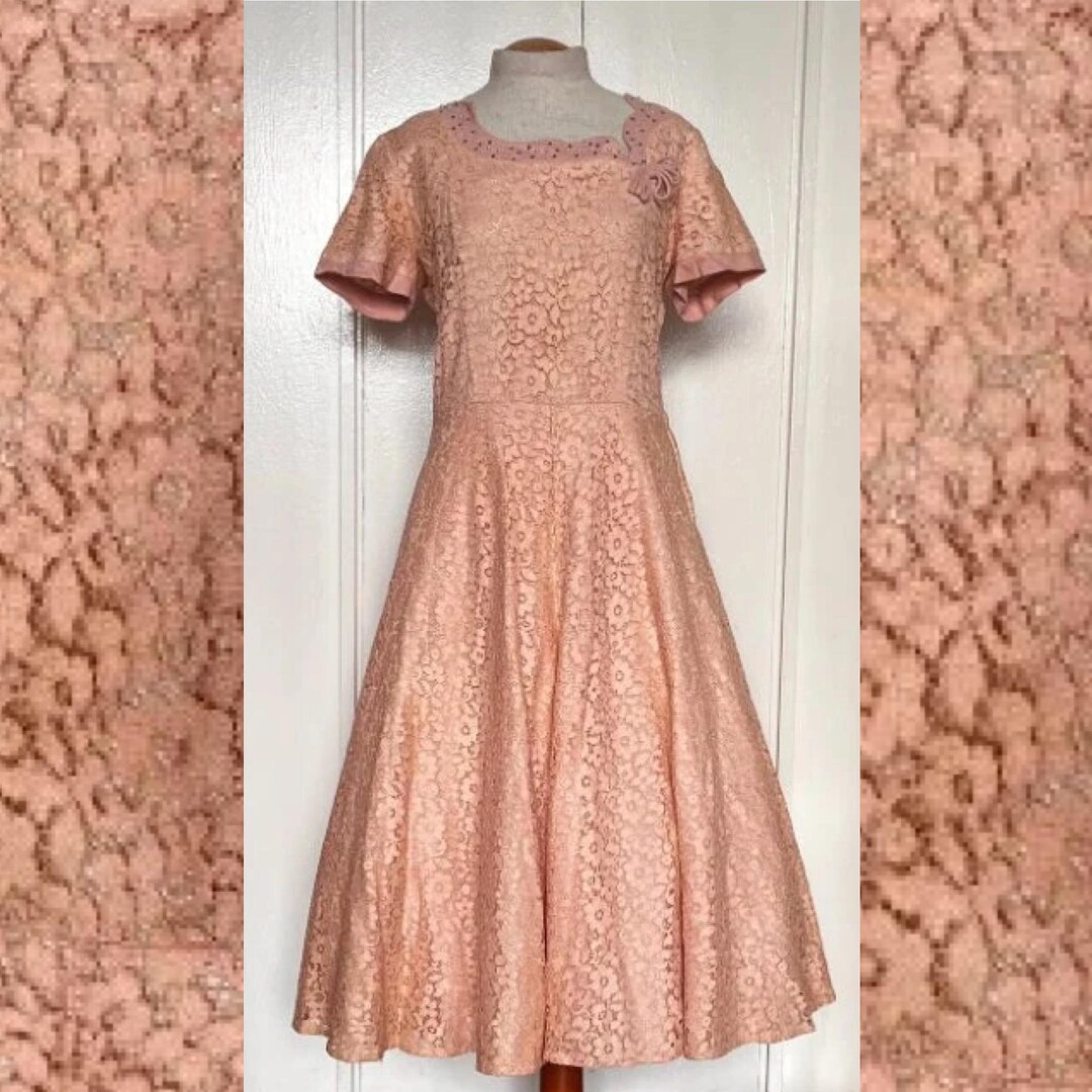 Vintage Pink Lace Dress- 1950’s Sequin Retro Flare Style - Etsy
