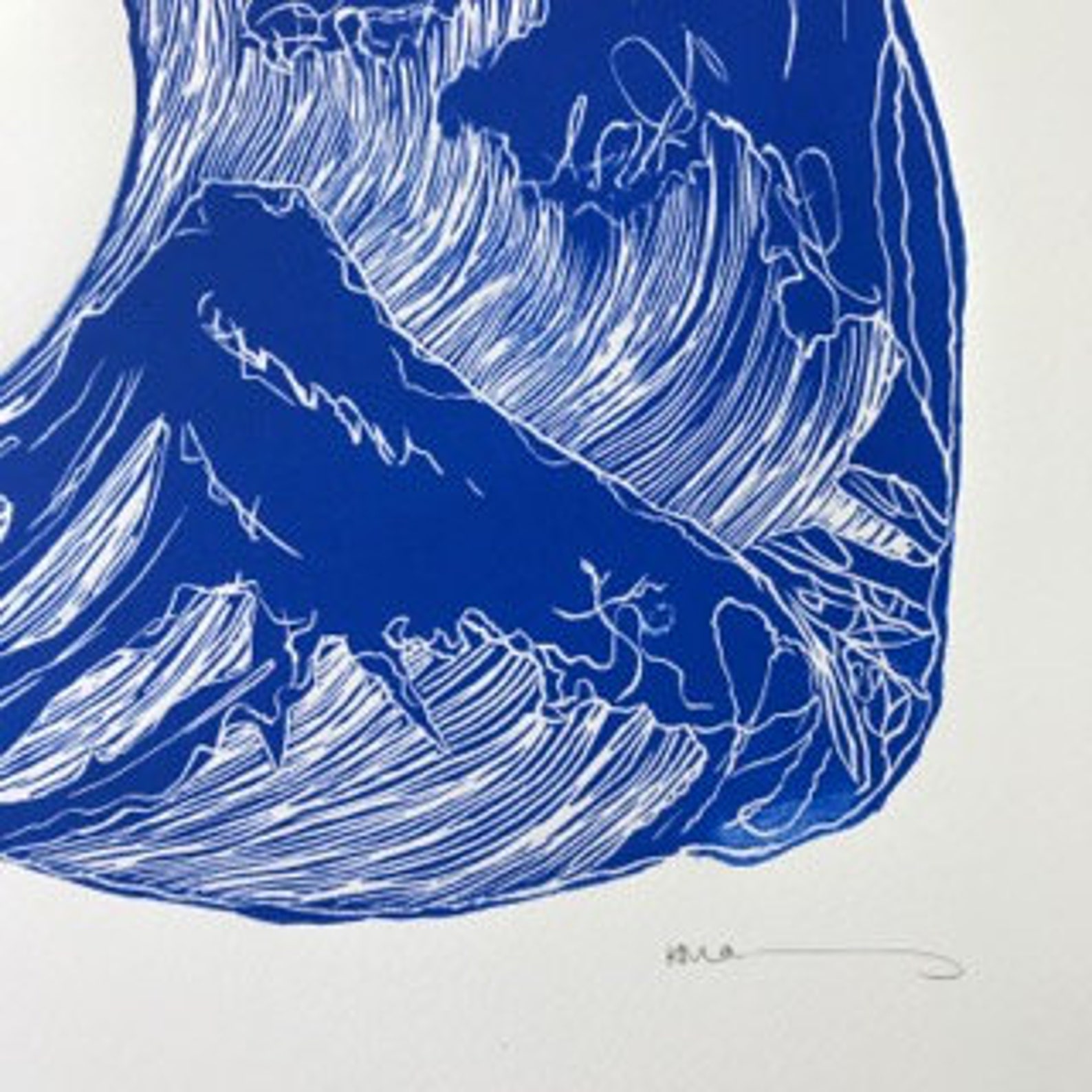 The Wave Print, Blue, Original Handprinted Linocut, Minimal Wall Art ...