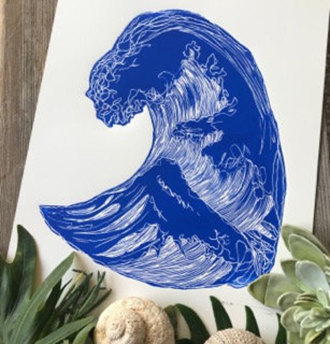 The Wave Print Blue Original Handprinted Linocut Minimal - Etsy