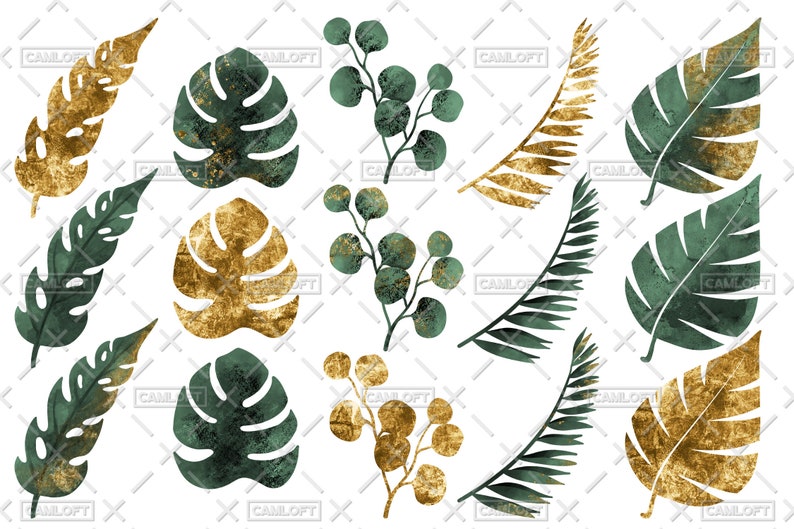 Tropical Leaves Clipart, Green and Gold Leaves, Gold Texture Leaves ...
