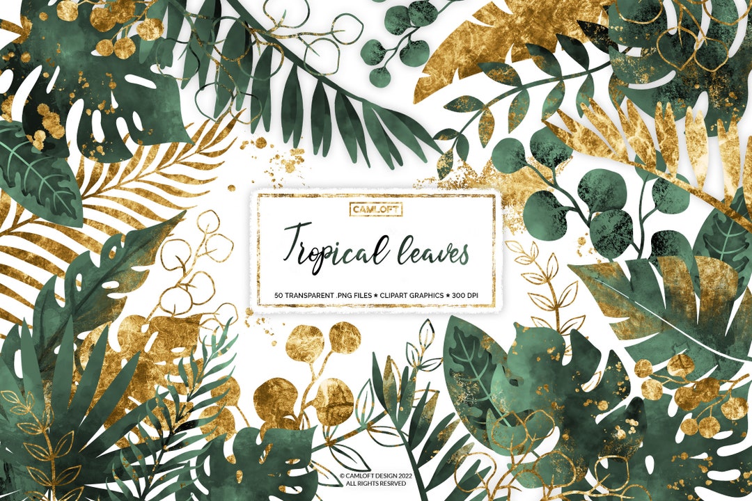 Tropical Leaves Clipart, Green and Gold Leaves, Gold Texture Leaves ...