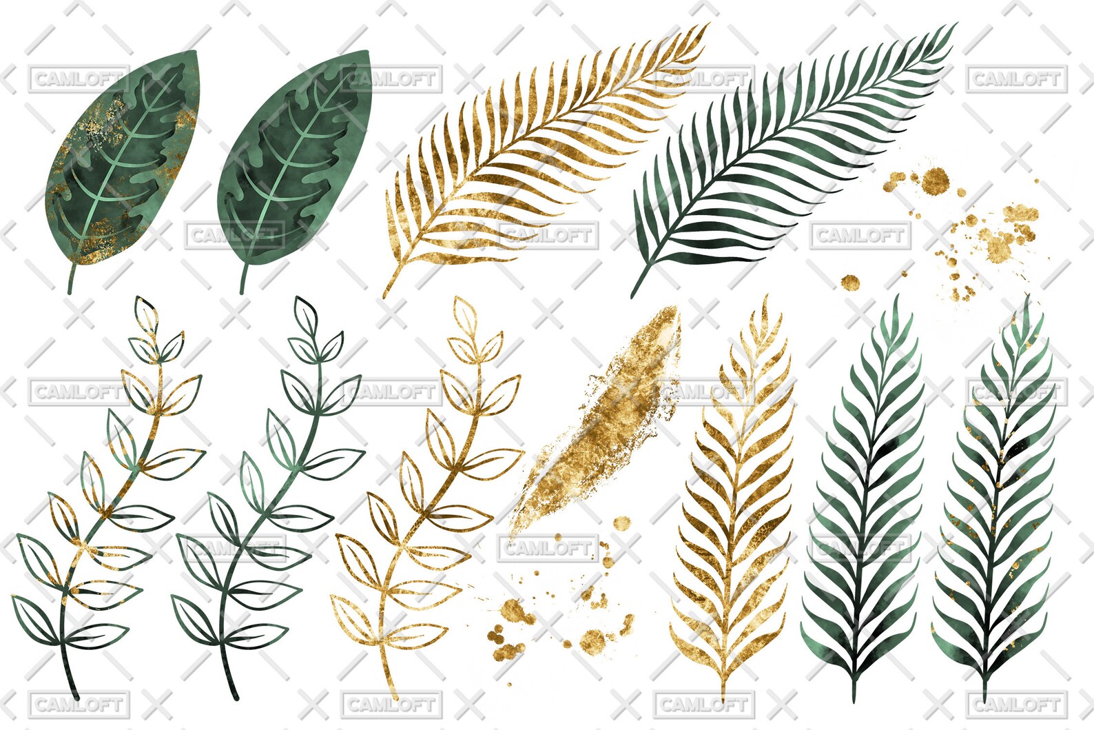 Tropical Leaves Clipart, Green and Gold Leaves, Gold Texture Leaves ...