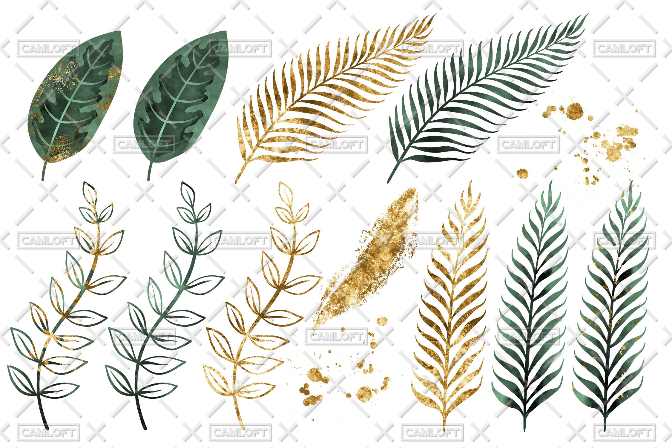 Tropical Leaves Clipart, Green and Gold Leaves, Gold Texture Leaves ...