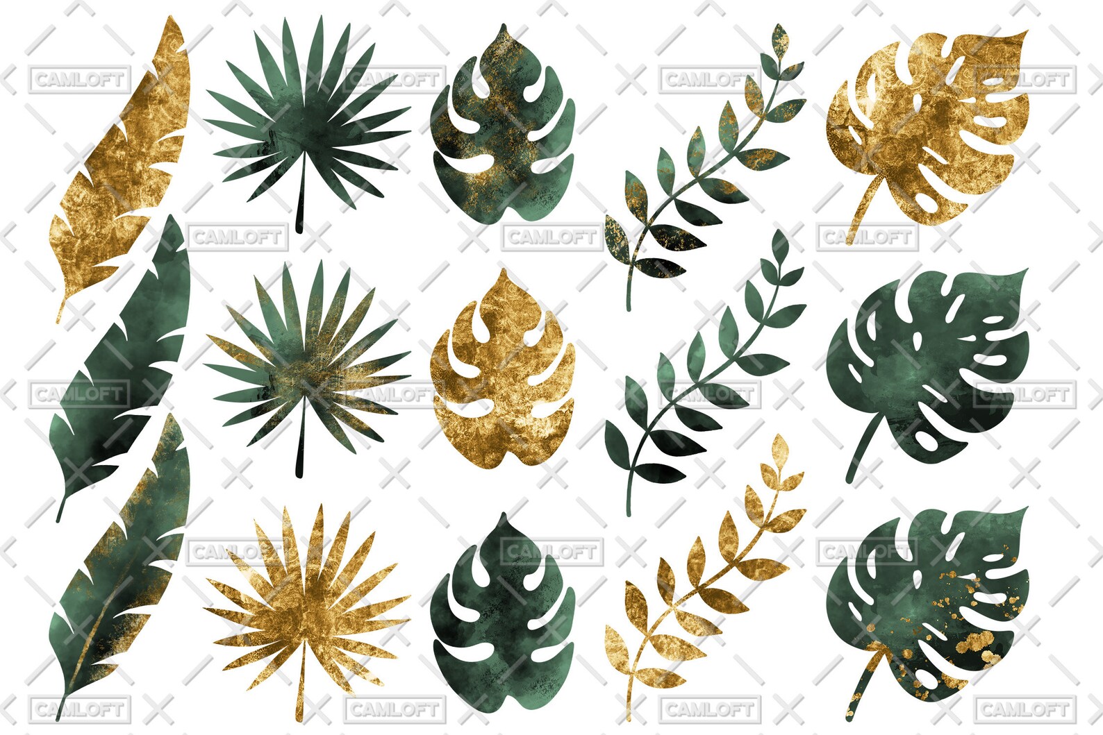 Tropical Leaves Clipart, Green and Gold Leaves, Gold Texture Leaves ...