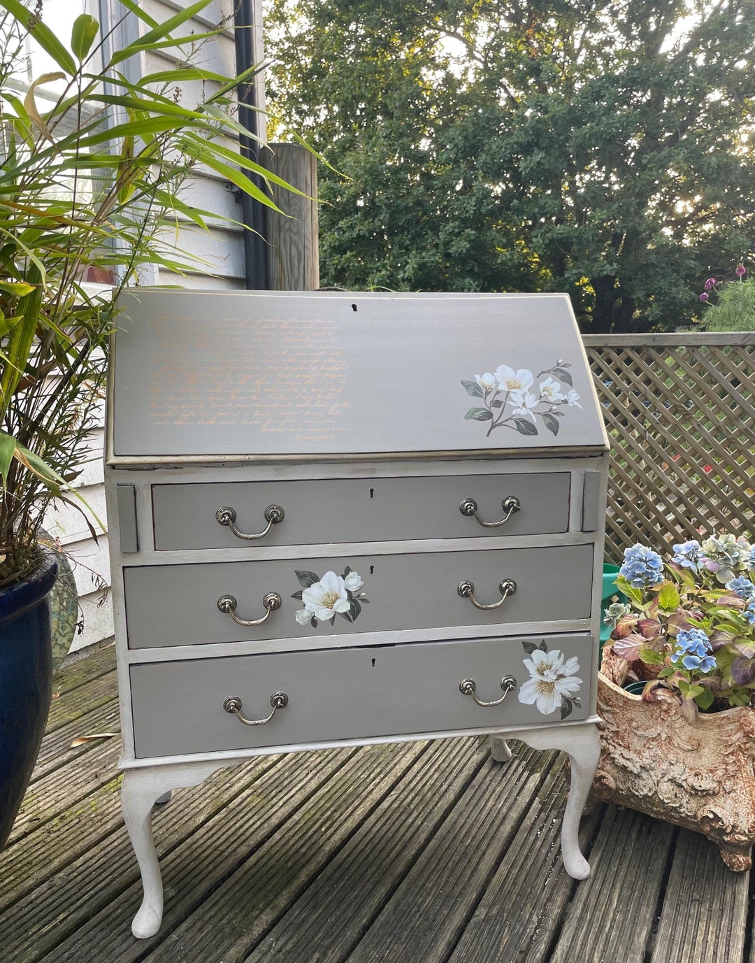 Writing Desk / Bureau Painted With Magnolia Transfers and Gold ...