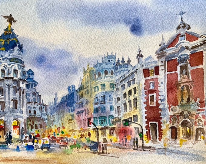 Madrid Original Watercolor Painting, Spain Painting, Madrid Gran via ...