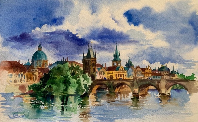 Prague Original Watercolor Painting, Charles Bridge, Prague Painting ...