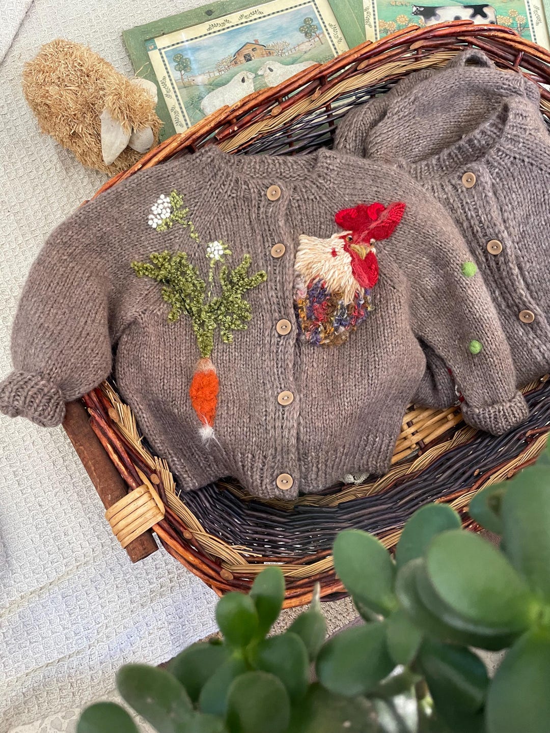 Hand-knitted Merino Wool Baby Cardigan With Embroidered Rooster and ...