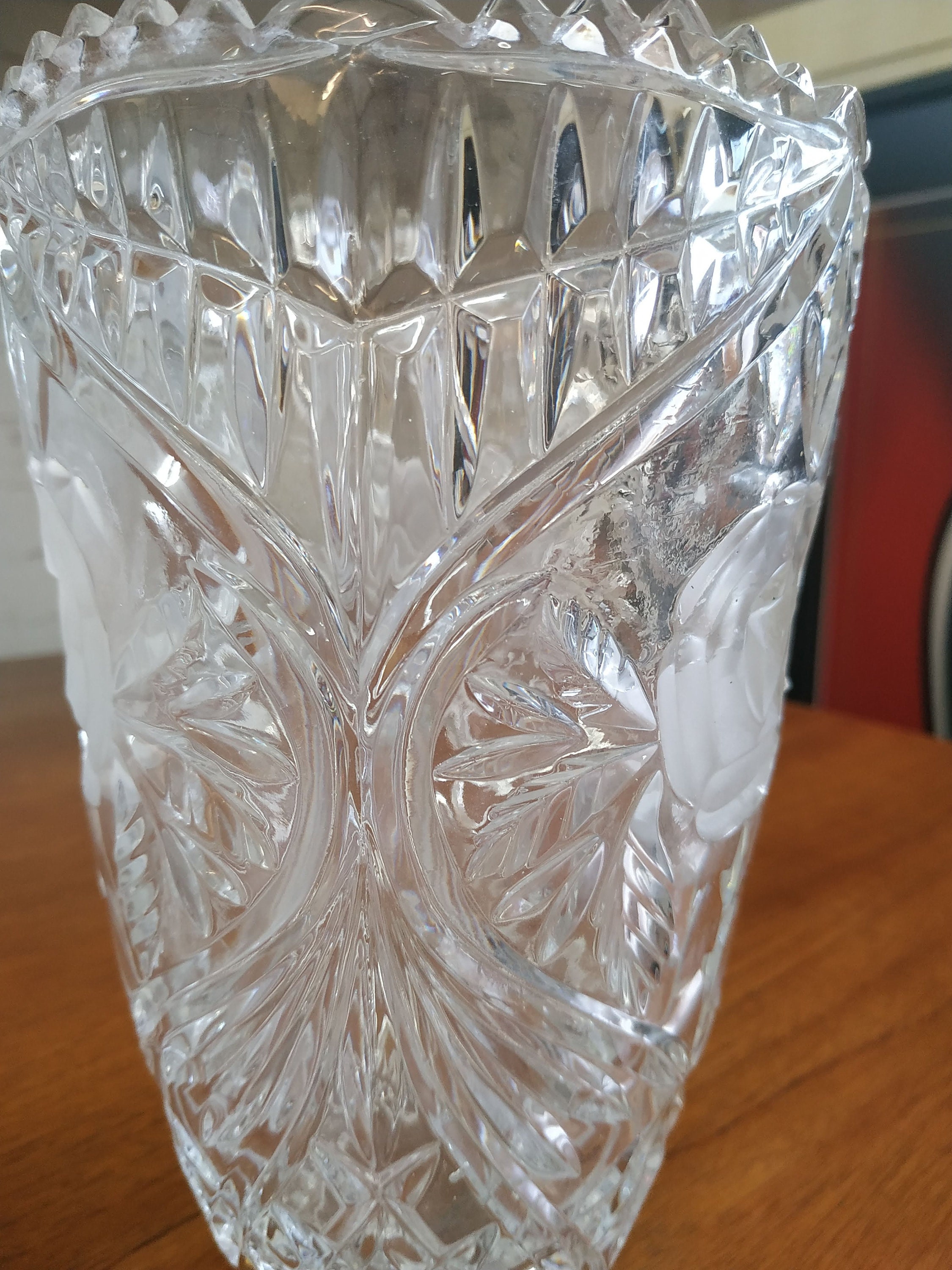 Vintage Art Deco Crystal Vase Heavy Cut Glass Etched Flowers Etsy