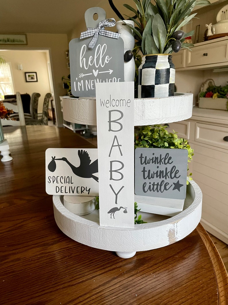 9” Welcome Baby Sign, Neutral Tier Tray Decor | Baby Tiered Tray Decor ...
