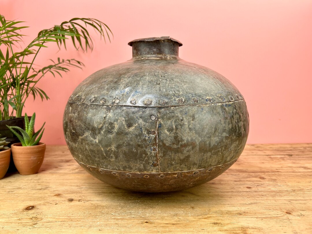 Vintage Indian Riveted Metal Water Pot - Etsy