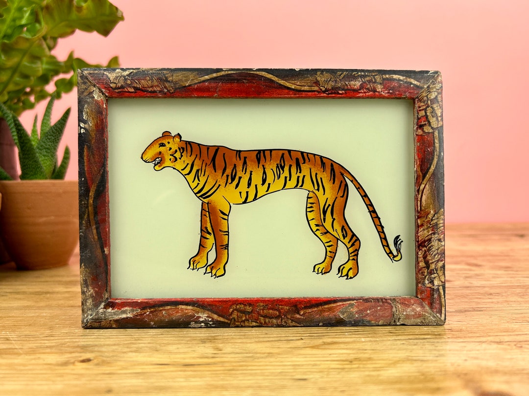 Vintage Indian Reverse Glass Painting of a Tiger - Etsy