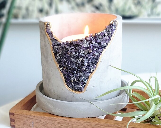 4 Concrete Geode Pot Purple Amethyst Cement Geode Planter Candle Holder ...