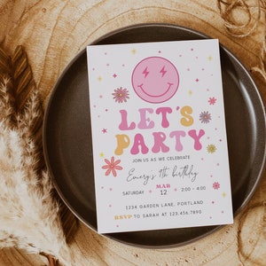 Pink Preppy Let's Party Girl Birthday Invitation, Pink Smiley Face ...