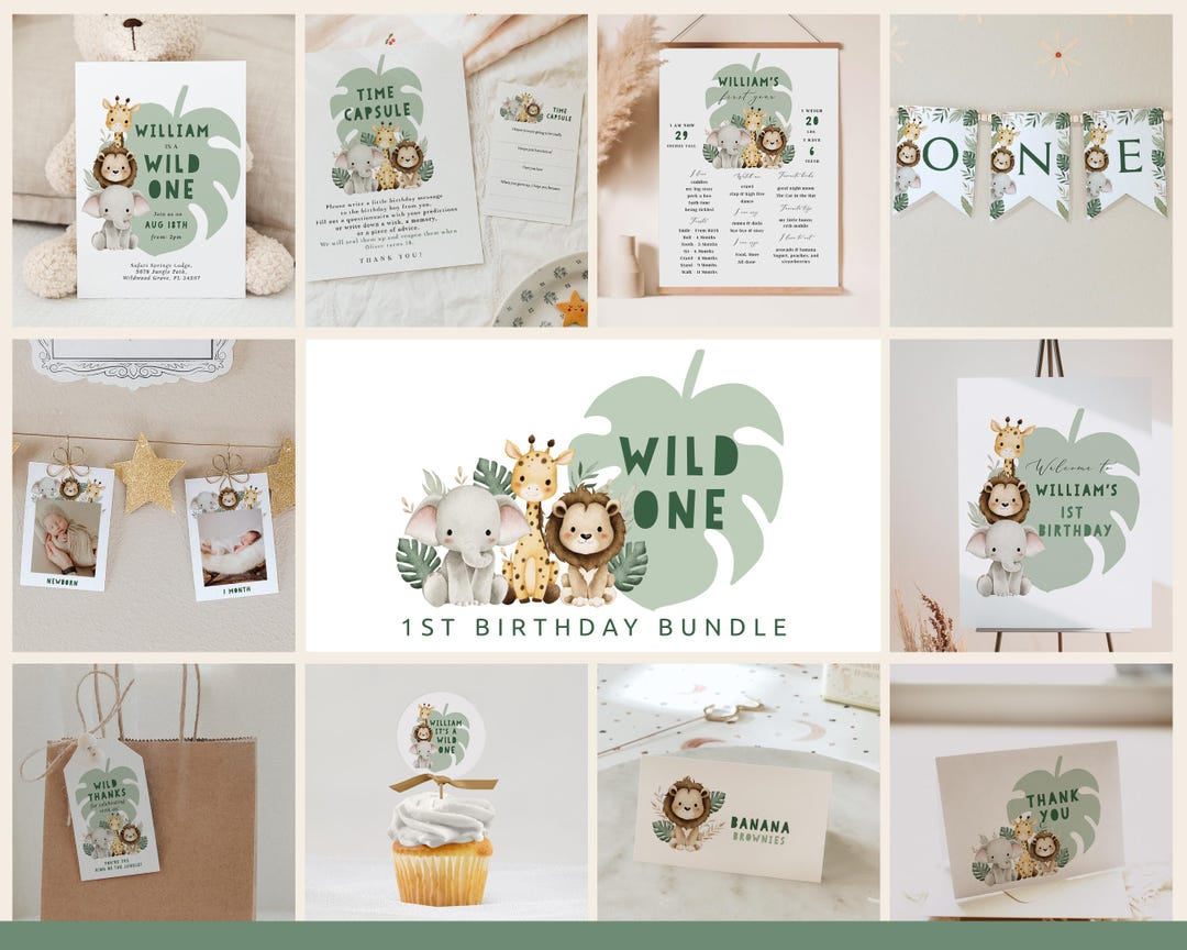 Editable Wild One Birthday Bundle | Jungle Animals 1st Birthday ...