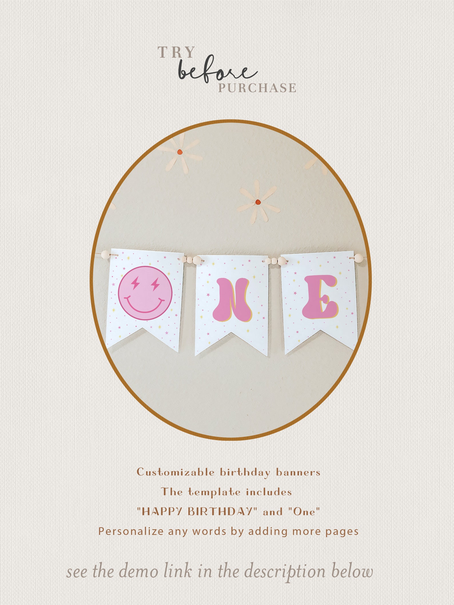 ONE Happy Baby 1st Birthday Banner, Editable Pink Smile Face 1st ...