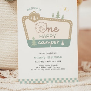 One Happy Camper Birthday Invitation - Editable National Park Sign 1st Birthday Invite - Bear ...