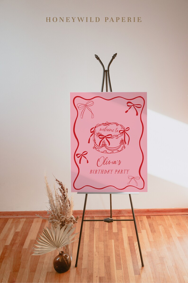 Coquette Cake Girl Birthday Party Welcome Sign | Coquette Pink and Red ...
