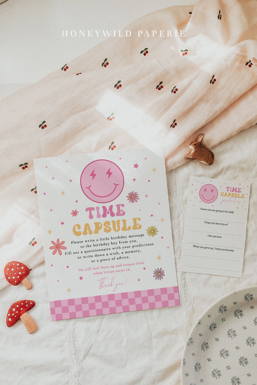 Pink Preppy Modern Smiley Face 1st Birthday Time Capsule Sign and ...