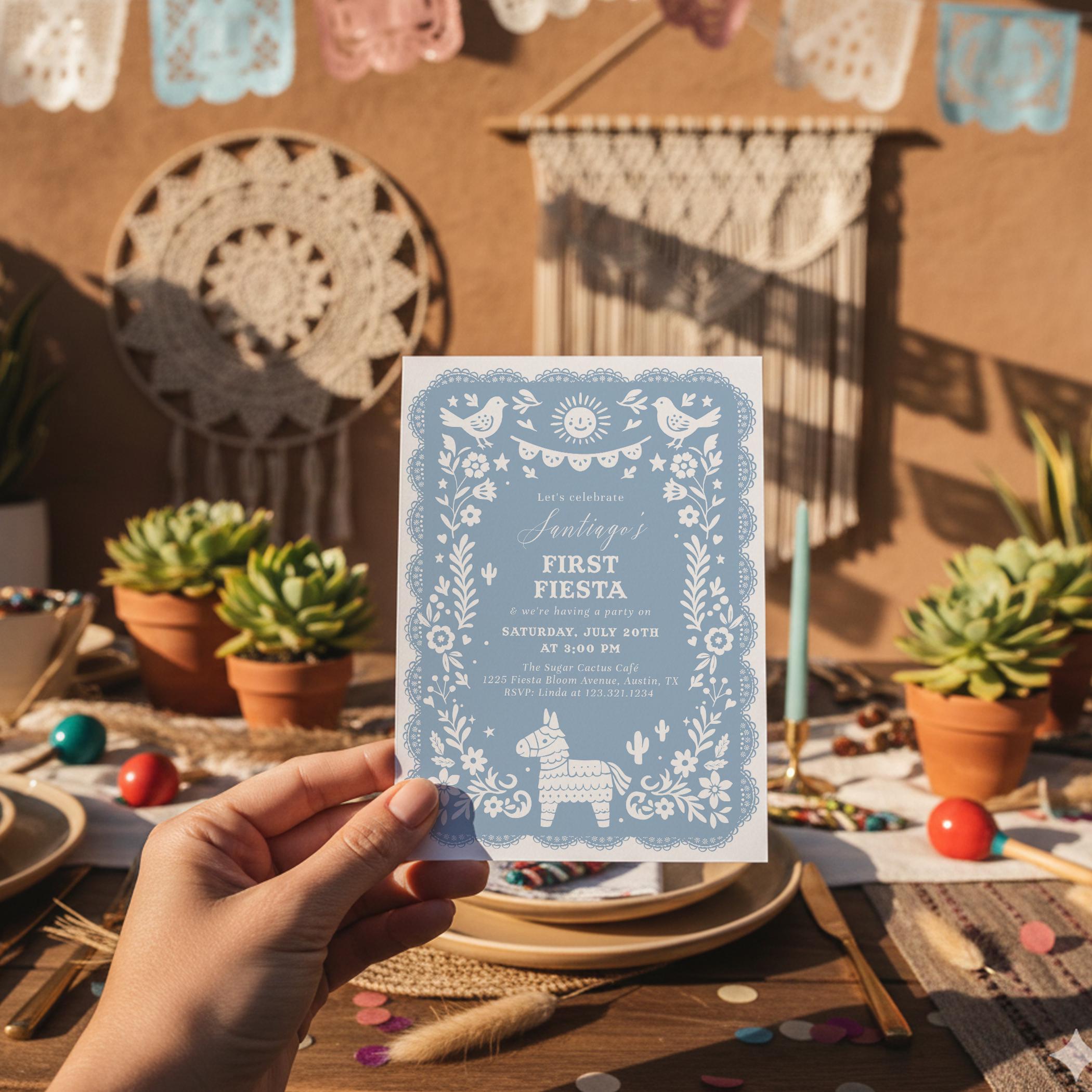 First Fiesta Birthday Invitation – Editable Dusty Blue Papel Picado ...
