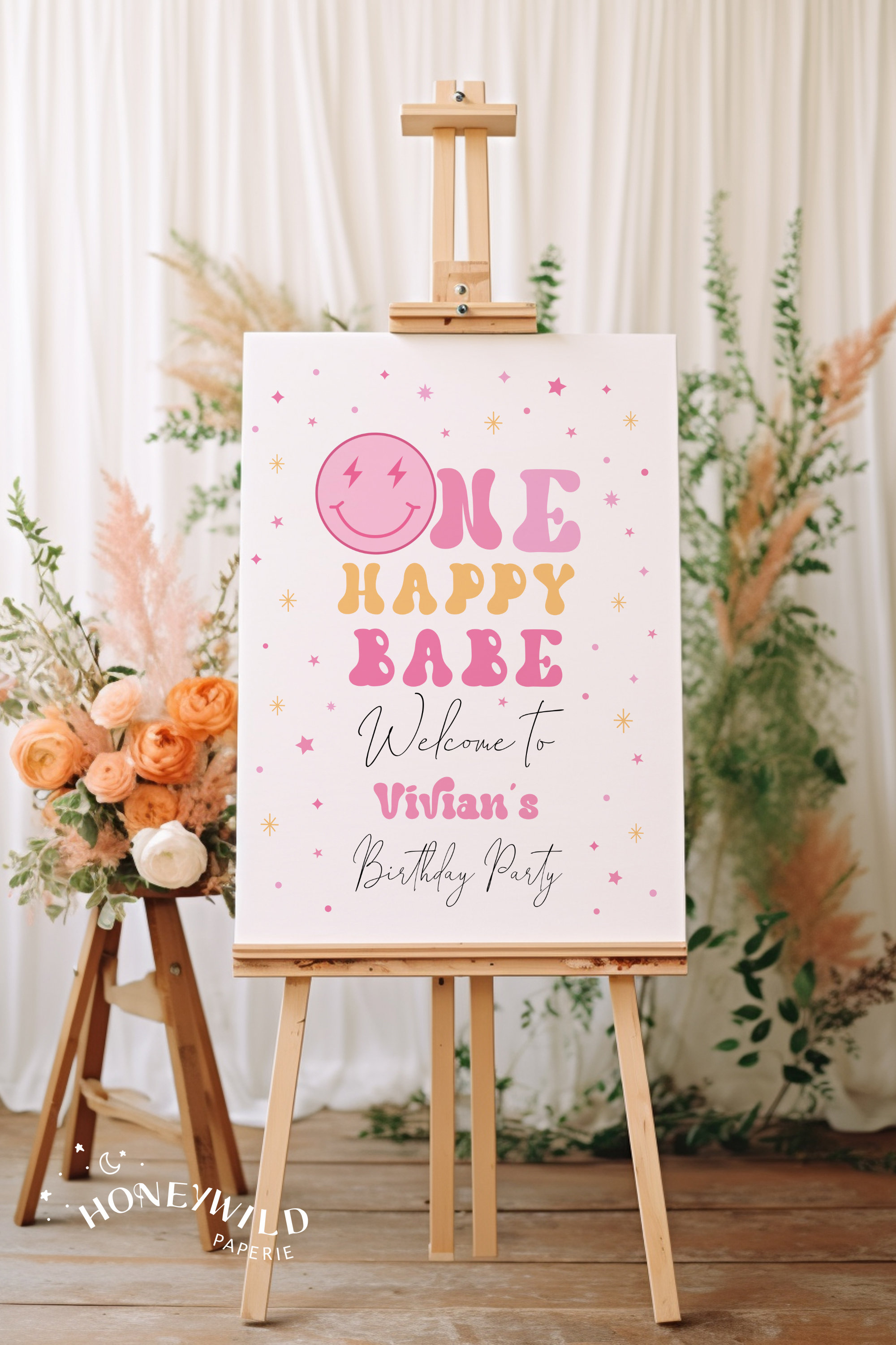 One Happy Babe Welcome Sign, Modern Smiley Face 1st Birthday Welcome ...
