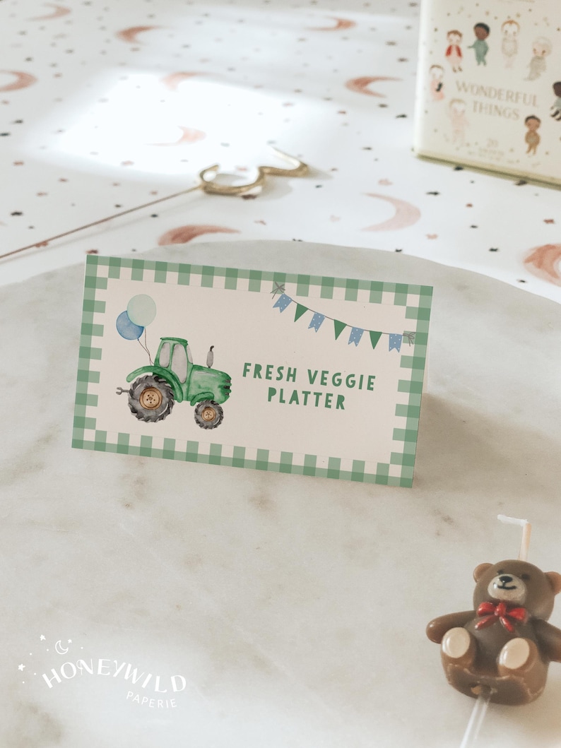Green Tractor Party Food Label Tent Card - Farm Theme Buffet Dish Name ...
