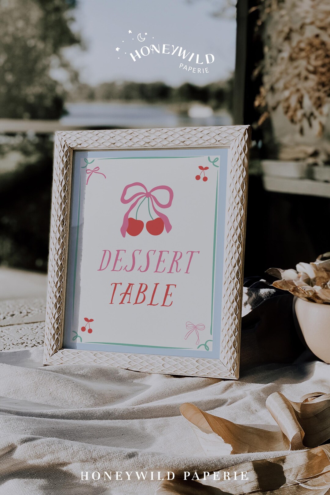 Summer Cherry Party Table Signs - Hand Drawn Ribbon Bow Cherries ...
