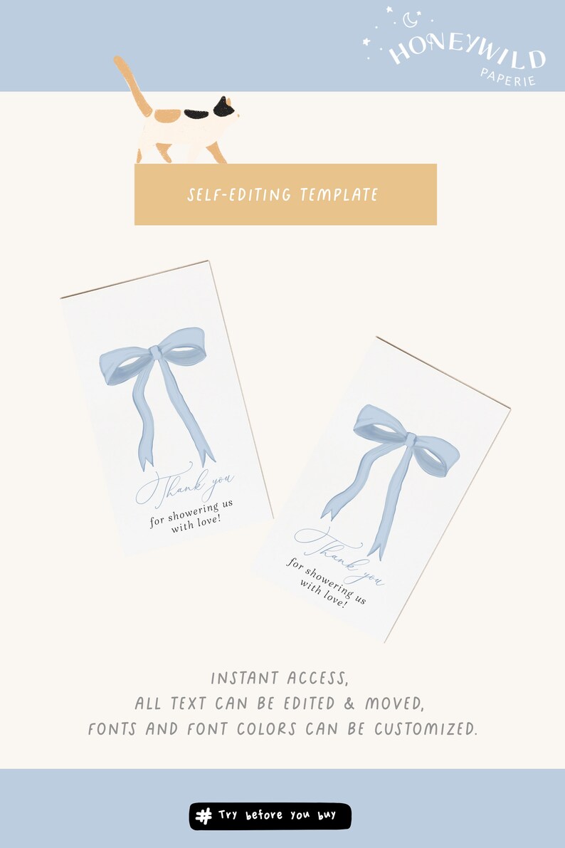 Editable Elegant Blue Bow Favor Tag Template - Printable Thank You Tags ...