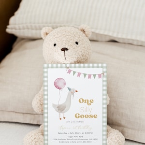 Girl One Silly Goose Birthday Invitation | Editable One Silly Goose 1st ...