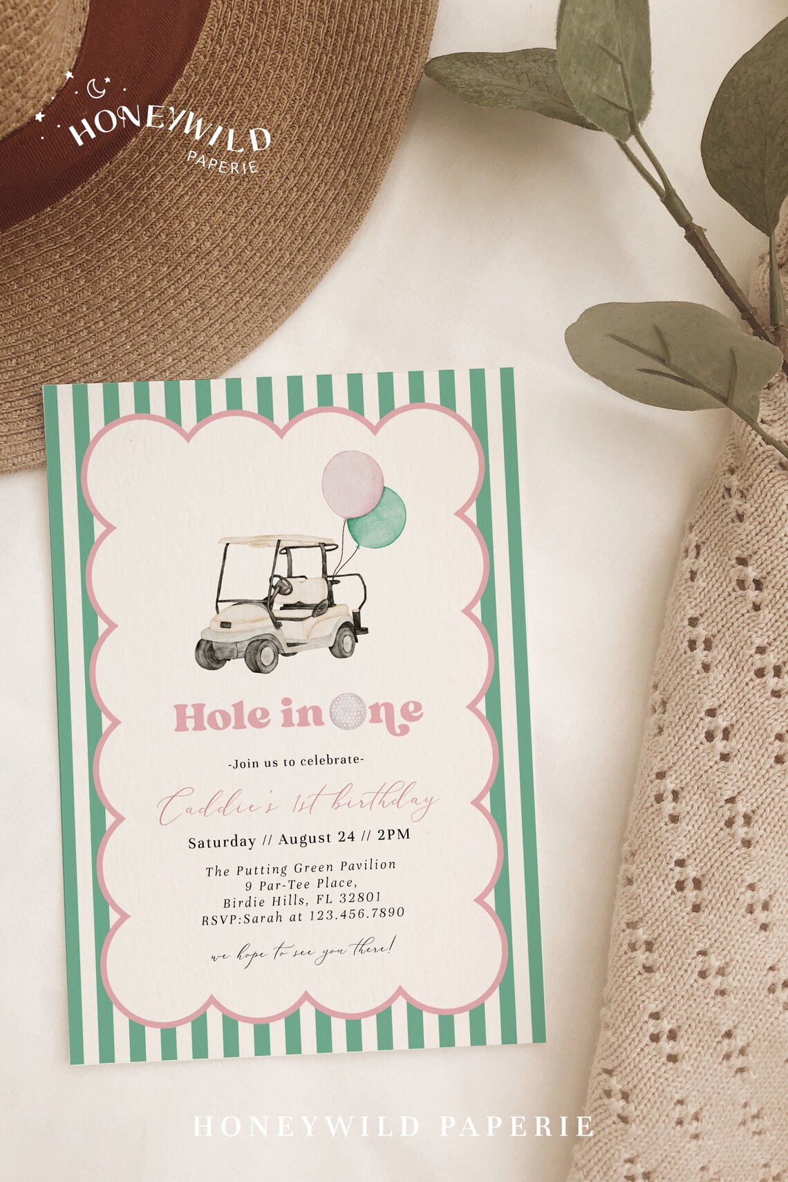 Hole in ONE Girl 1st Birthday Invitation, Editable Golf 1st Birthday ...
