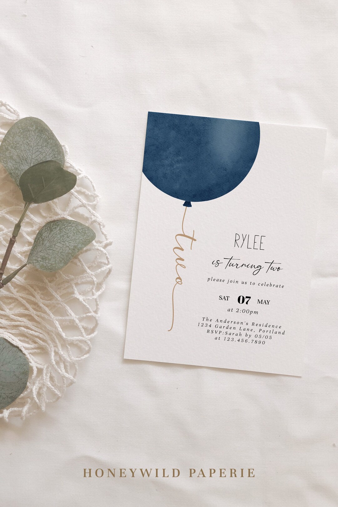 Baby Boy 2nd Birthday Invitation, Navy Blue and Gold Invitation, Simple ...