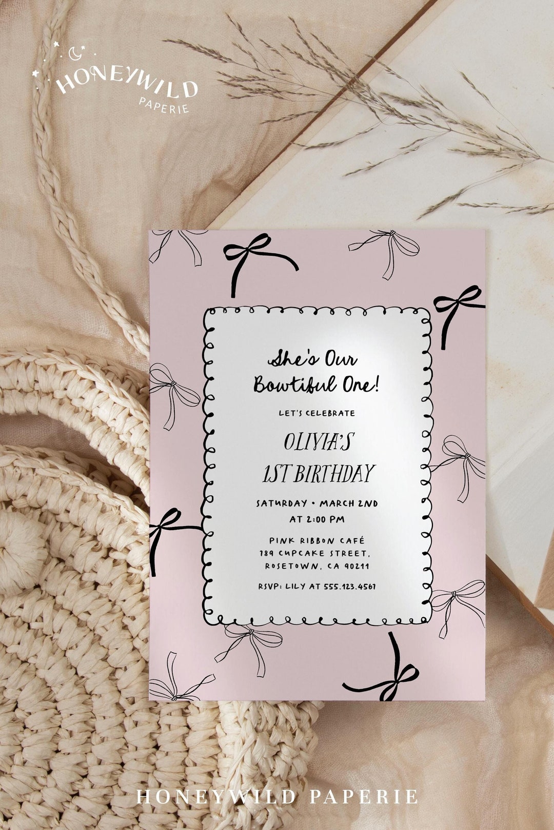Bowtiful One Birthday Invitation - Hand Drawn Coquette Pink Bows Invite ...