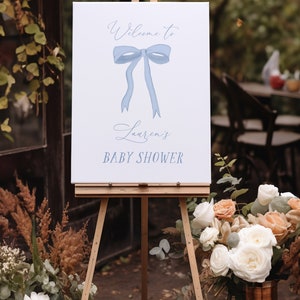 Editable Elegant Blue Bow Welcome Sign Template - Modern Pretty Bows ...