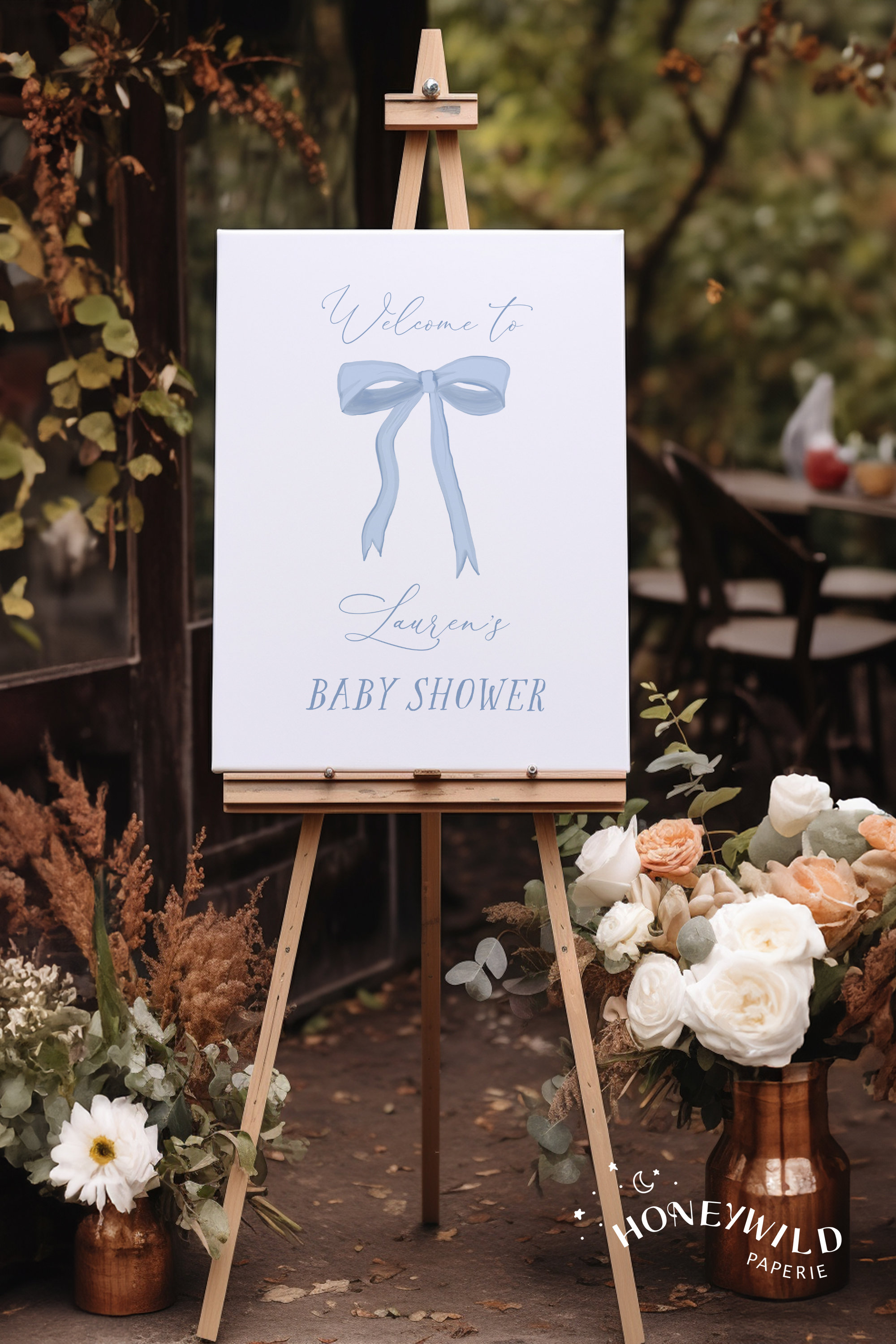 Editable Elegant Blue Bow Welcome Sign Template - Modern Pretty Bows ...