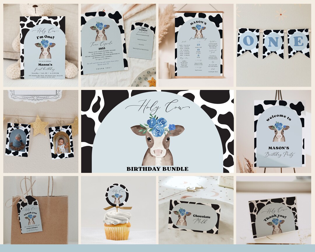 Holy Cow 1st Birthday Bundle Templates | Editable Invitations ...