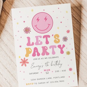 Pink Preppy Let's Party Girl Birthday Invitation, Pink Smiley Face ...