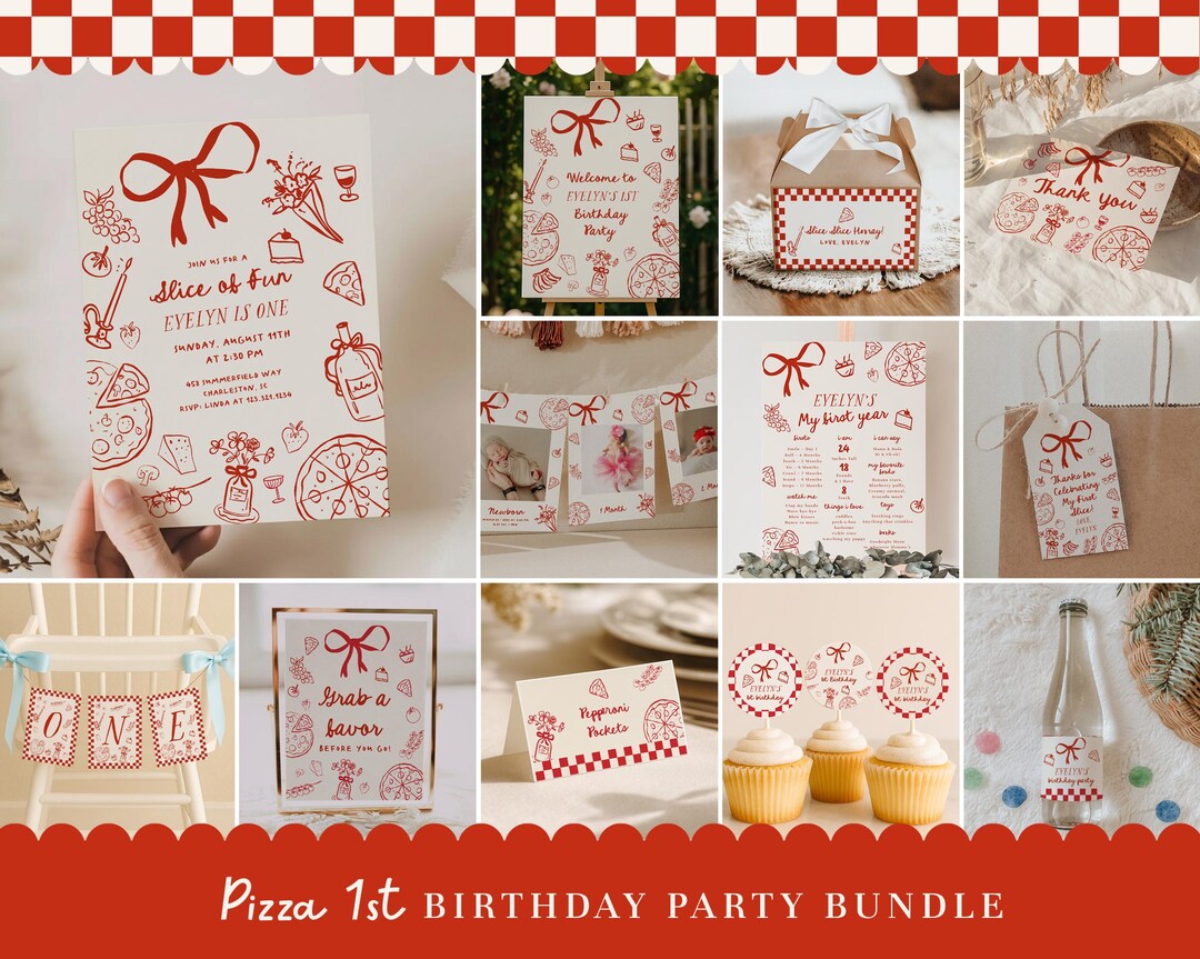 Slice of Fun Pizza 1st Birthday Bundle – Red Gingham – Editable ...